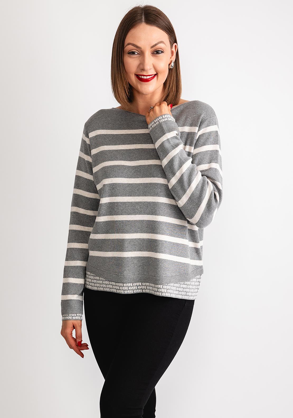 OUI Striped Oui Logo Jumper, Grey - McElhinneys