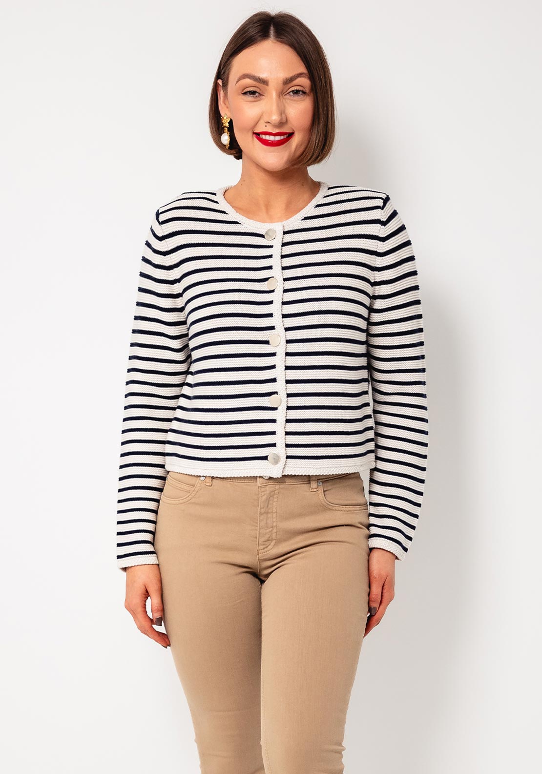 Oui Striped Buttoned Knit Cardigan, Navy and Cream - McElhinneys