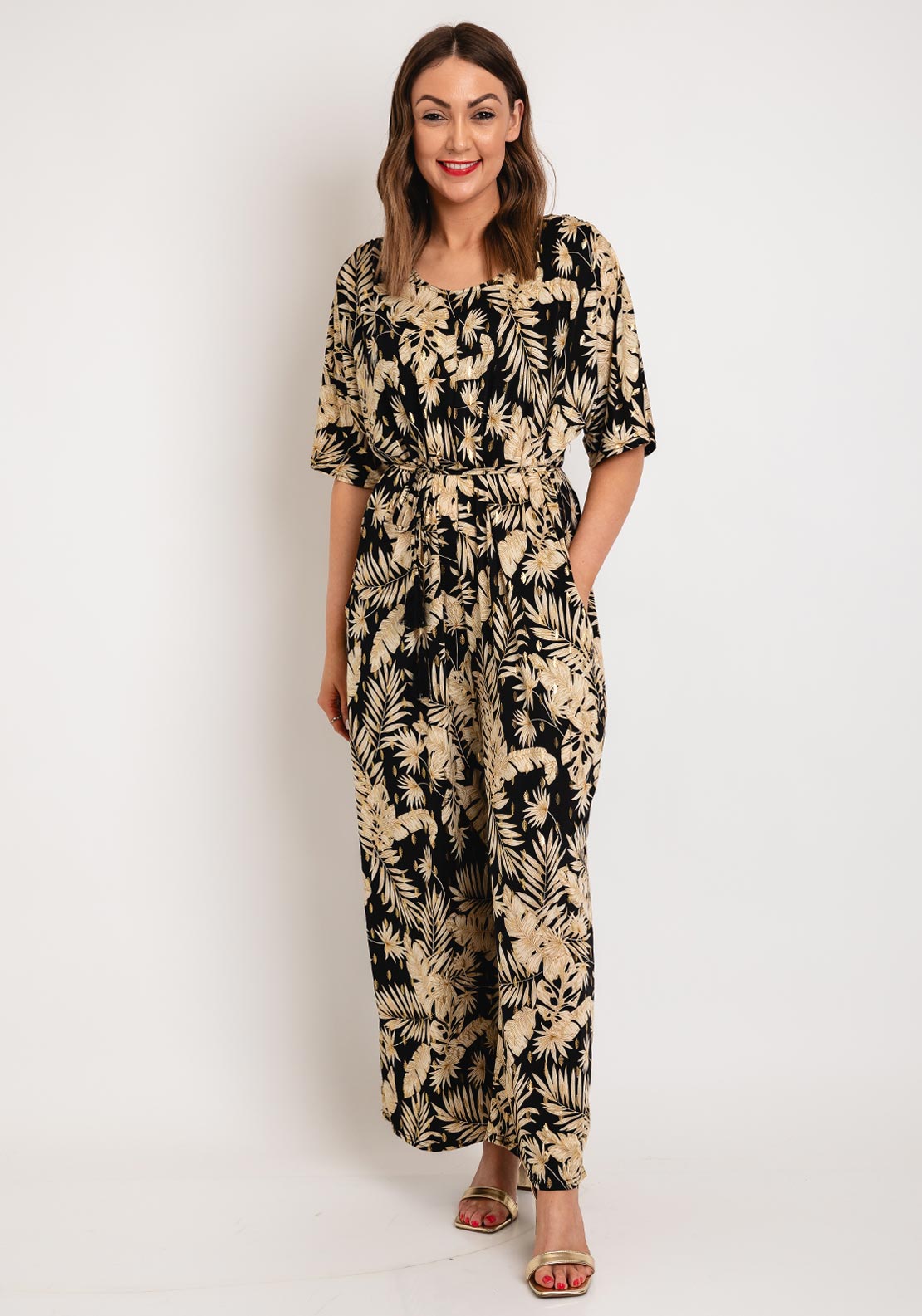 Serafina Collection One Size Wide Leg Jumpsuit, Black & Gold - McElhinneys