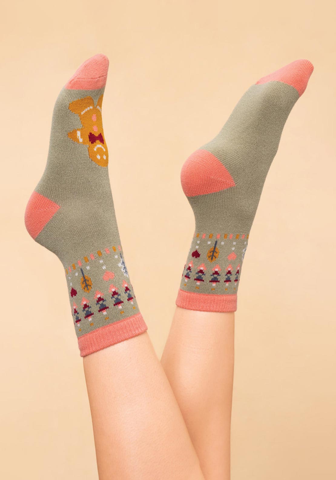 Powder Gingerbread Man Knitted Socks, Sage - McElhinneys