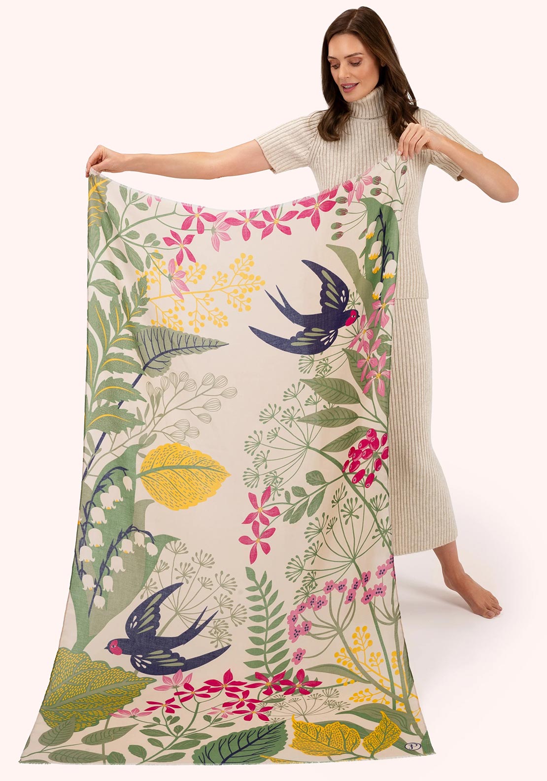 Powder Swooping Swallows Printed Scarf, Cream Multi - McElhinneys