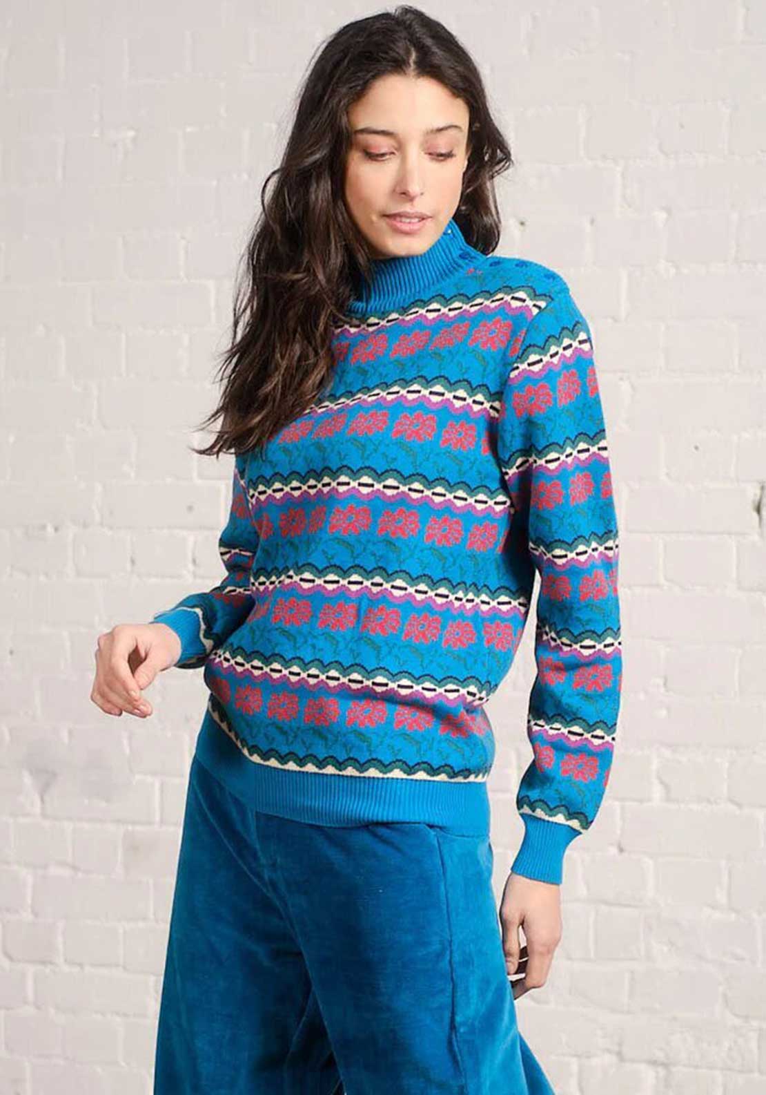 Pretty Vacant Fairisle Button Shoulder Jumper, Teal Multi - McElhinneys