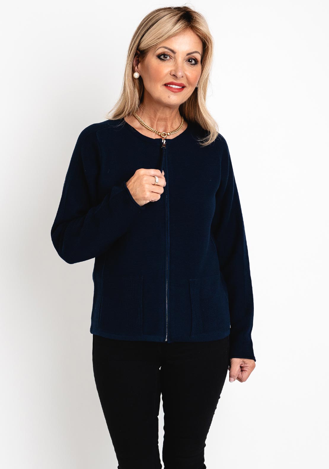Rabe Full Zip Knitted Short Jacket, Navy - McElhinneys