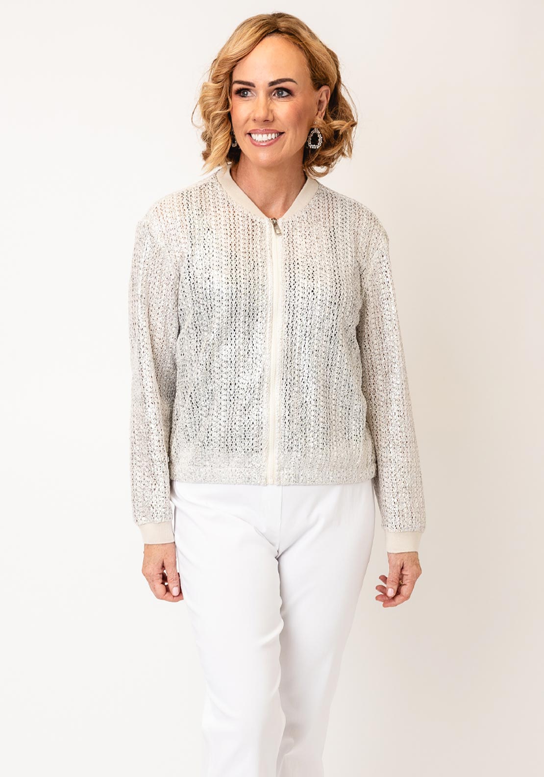 Rabe Metallic Knit Zipped Cardigan, Silver - McElhinneys