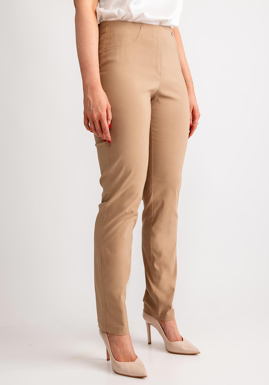 Robell Bella Full Length Stretch Trousers, Sand Beige - McElhinneys