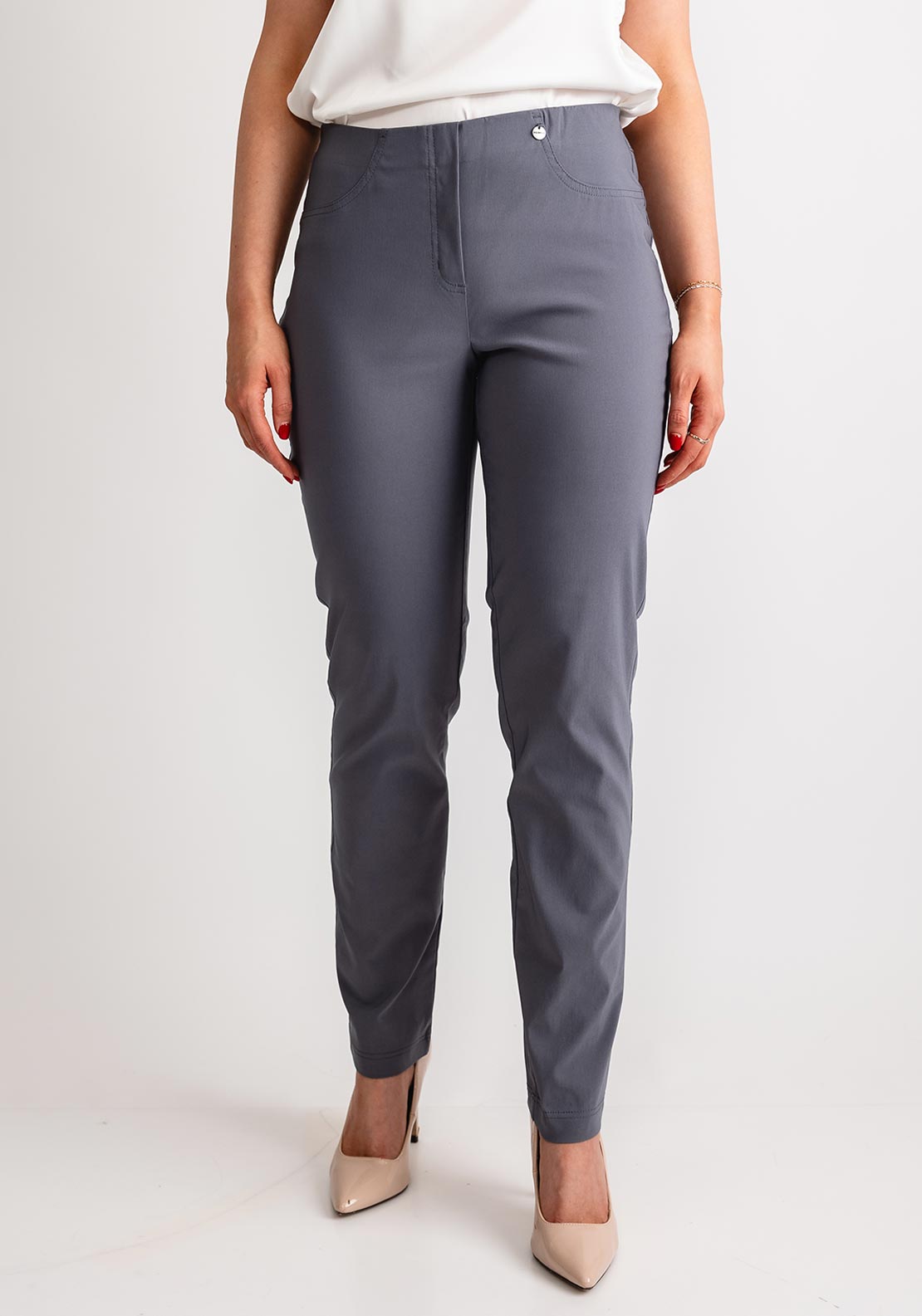 Robell Bella Full Length Stretch Trousers, Smoke Blue - McElhinneys