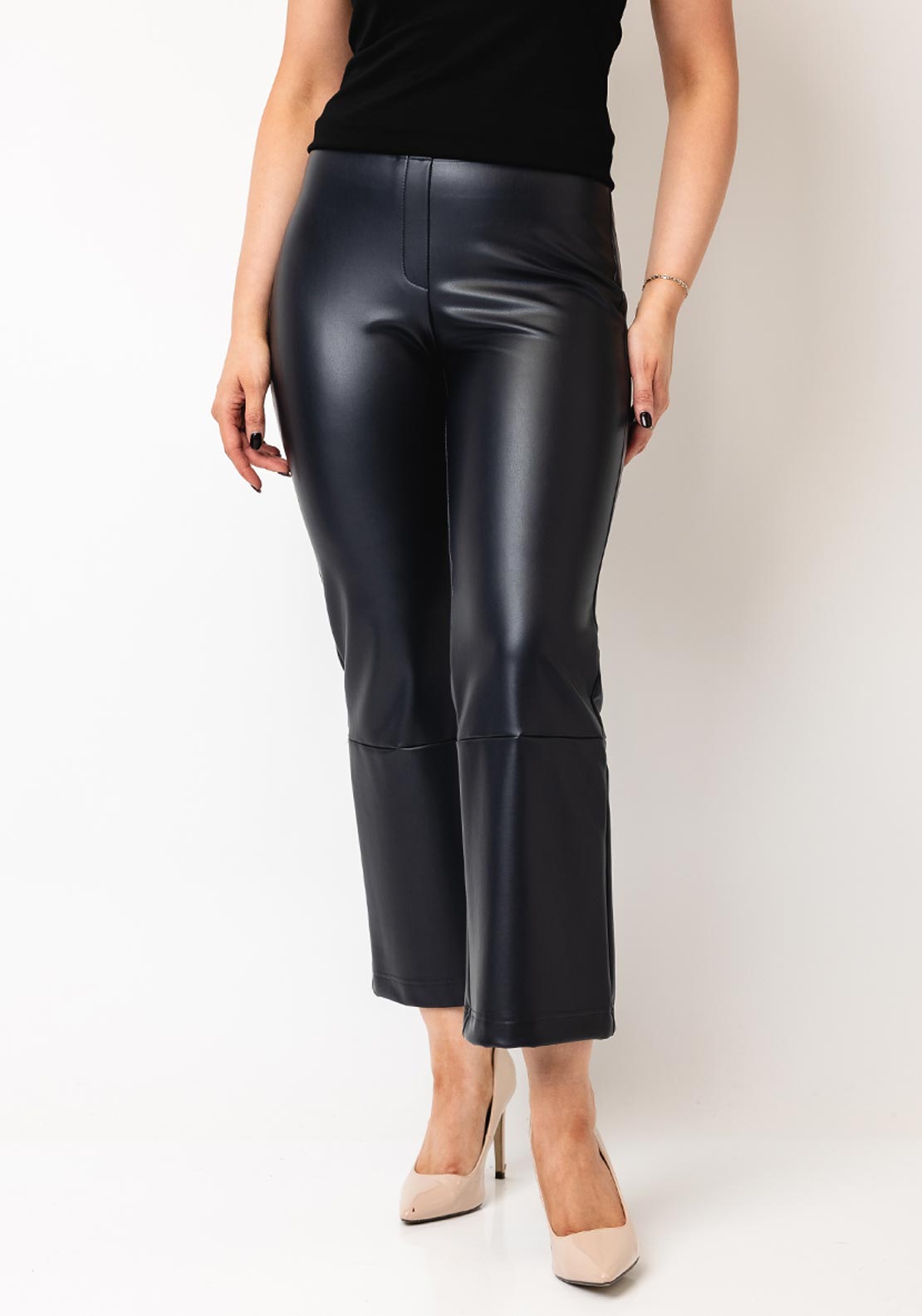 Robell Joella Faux Leather Cropped Flare Trousers, Navy - McElhinneys