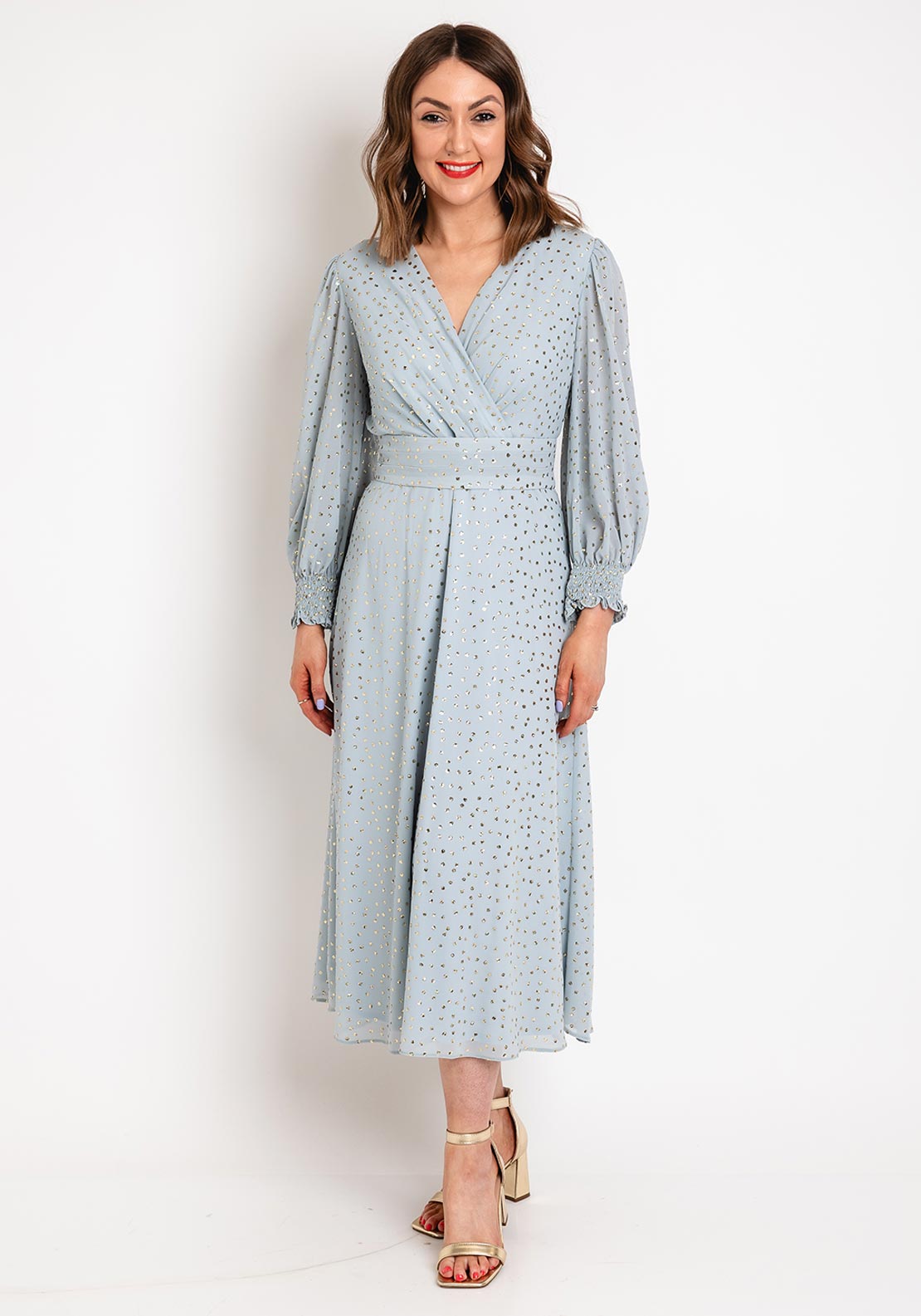 Role Mode Cataleya Gold Spotted Midi Dress, Baby Blue - McElhinneys