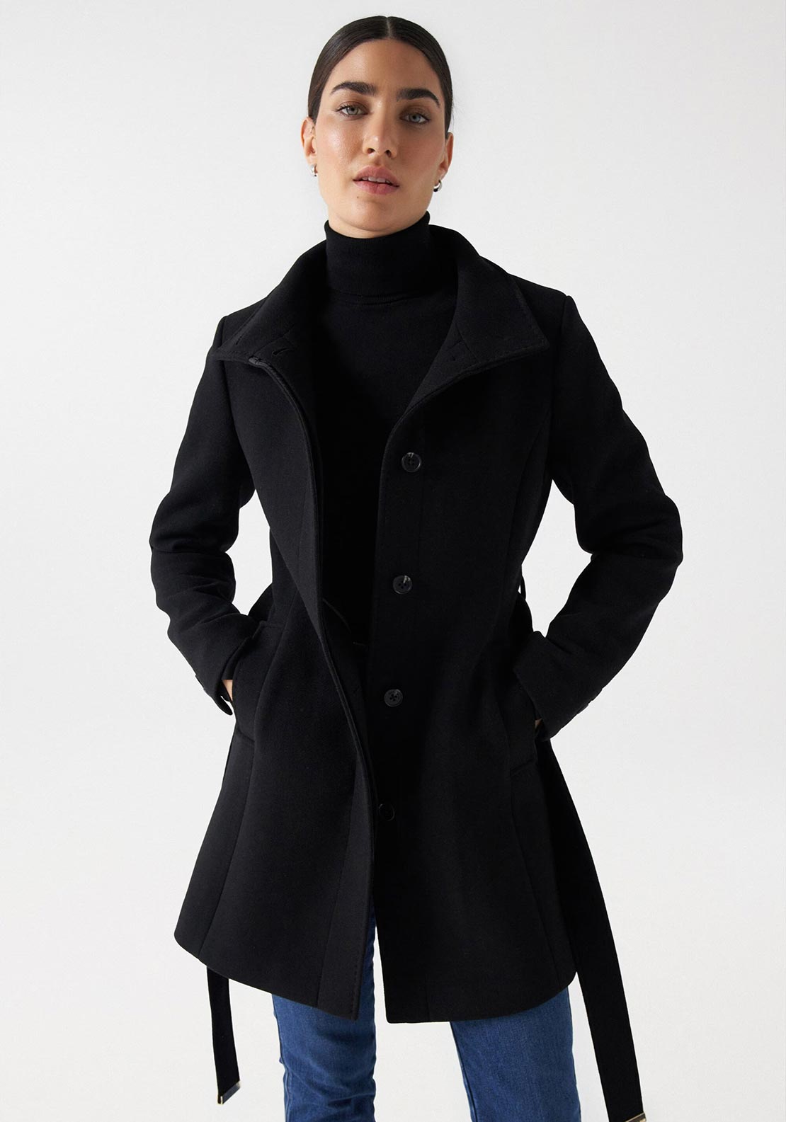 Salsa Grace Belted Wool Coat, Black - McElhinneys