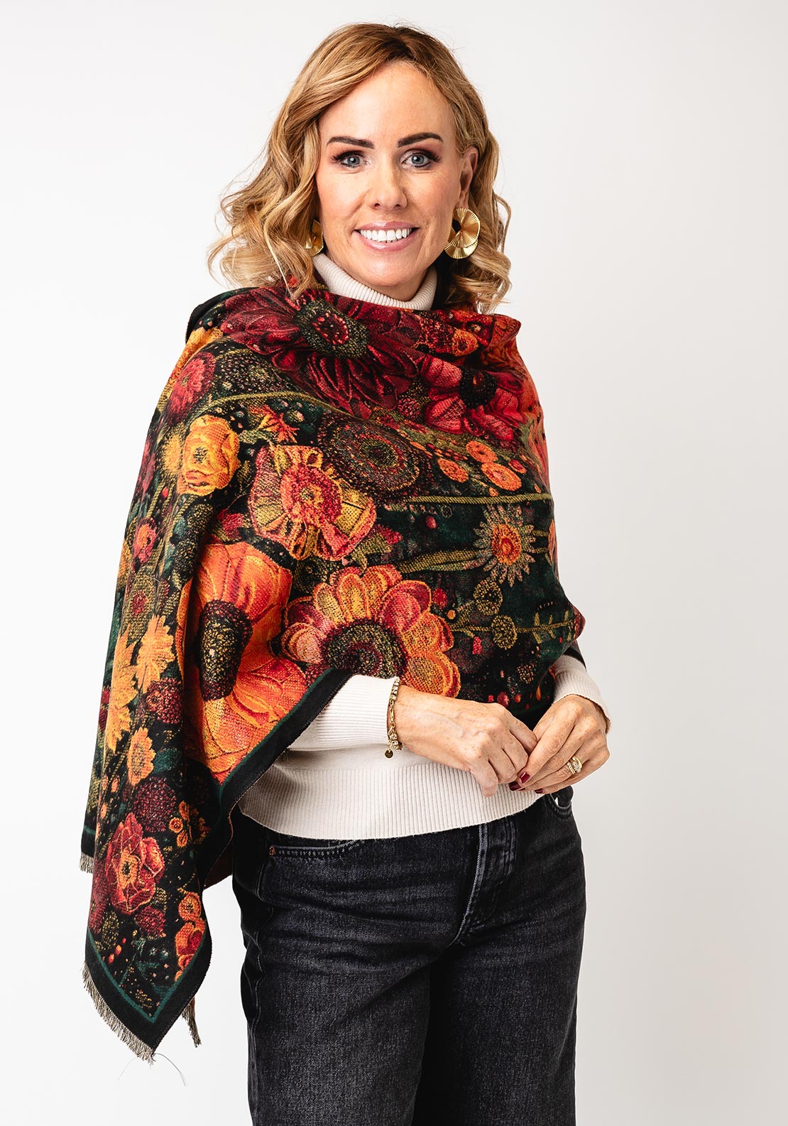 Serafina Collection Flower Print Pashmina, Orange Multi - McElhinneys