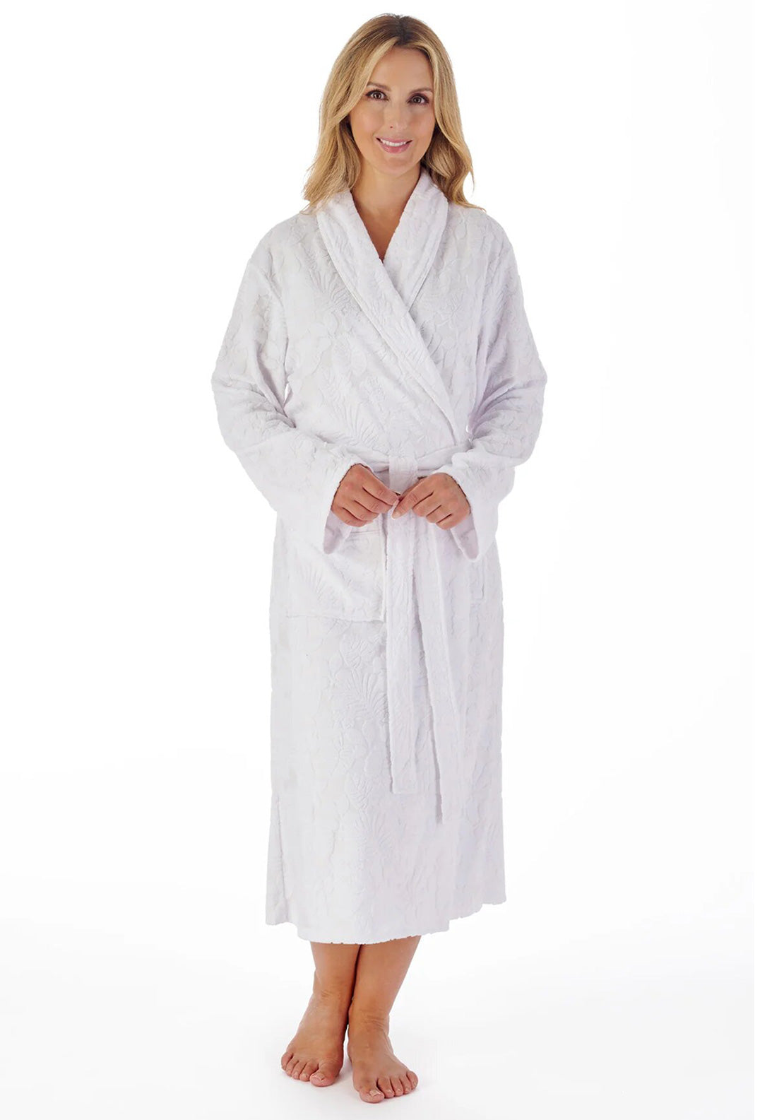Slenderella Floral Jacquard Towelling Bath Robe, White - McElhinneys