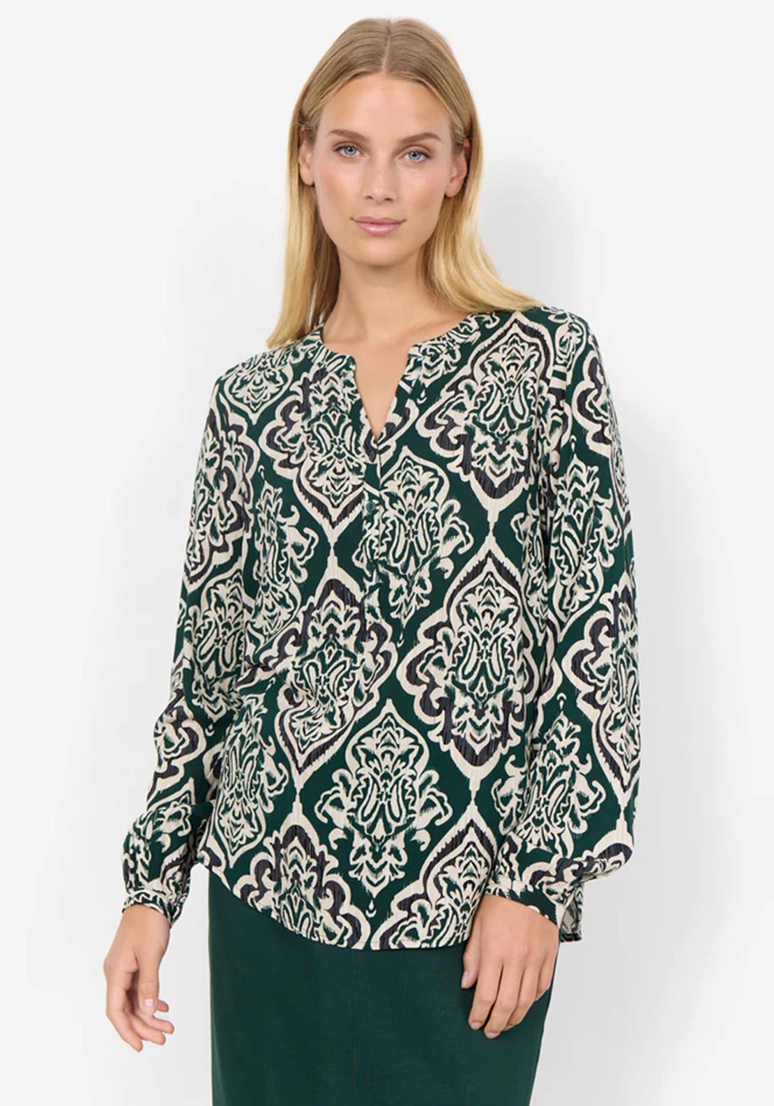 Soyaconcept Vernia Notch Neckline Damask Blouse, Dark Green - McElhinneys
