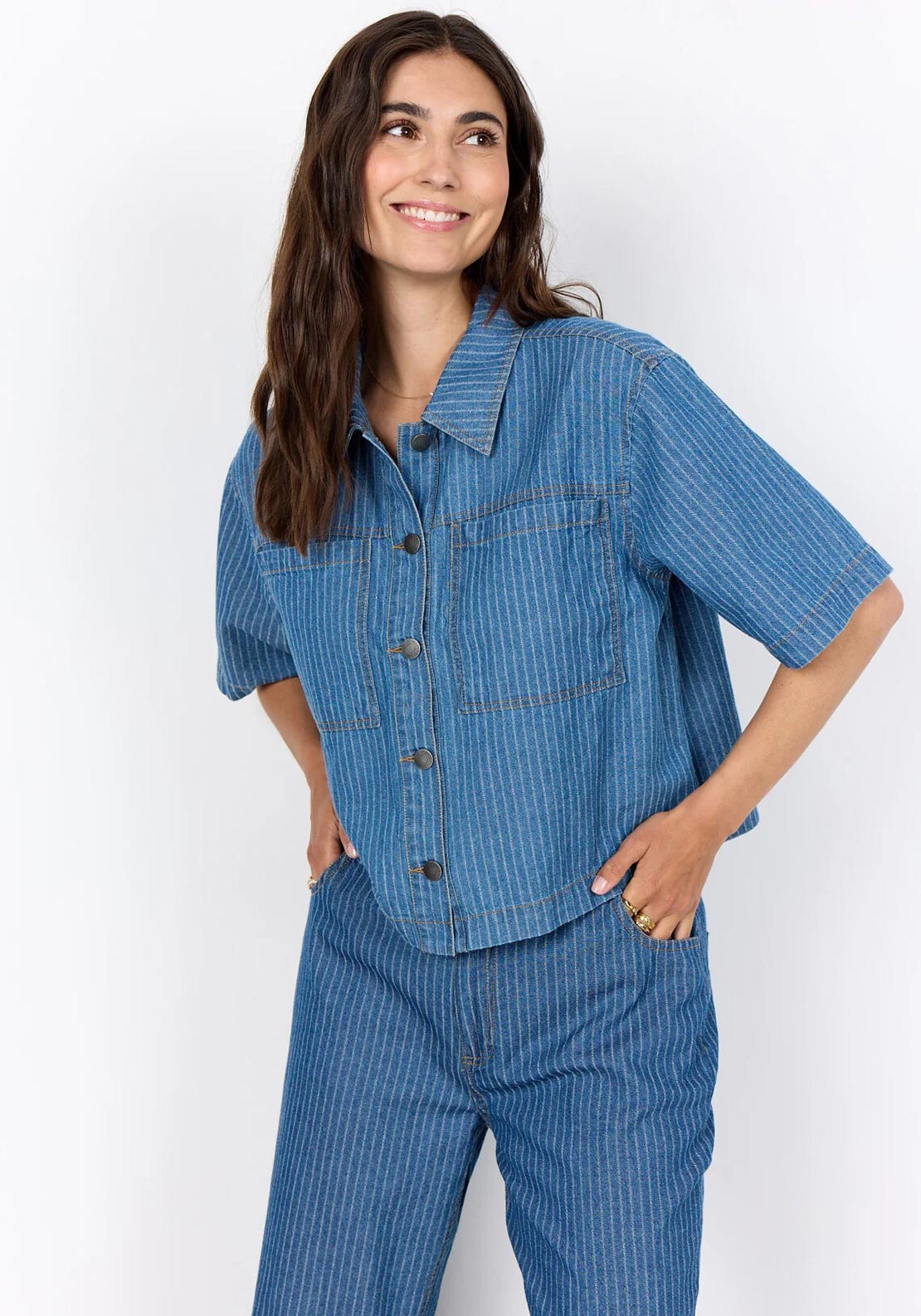 Soyaconcept Caisho Striped Denim Short Sleeve Shirt, Blue - McElhinneys