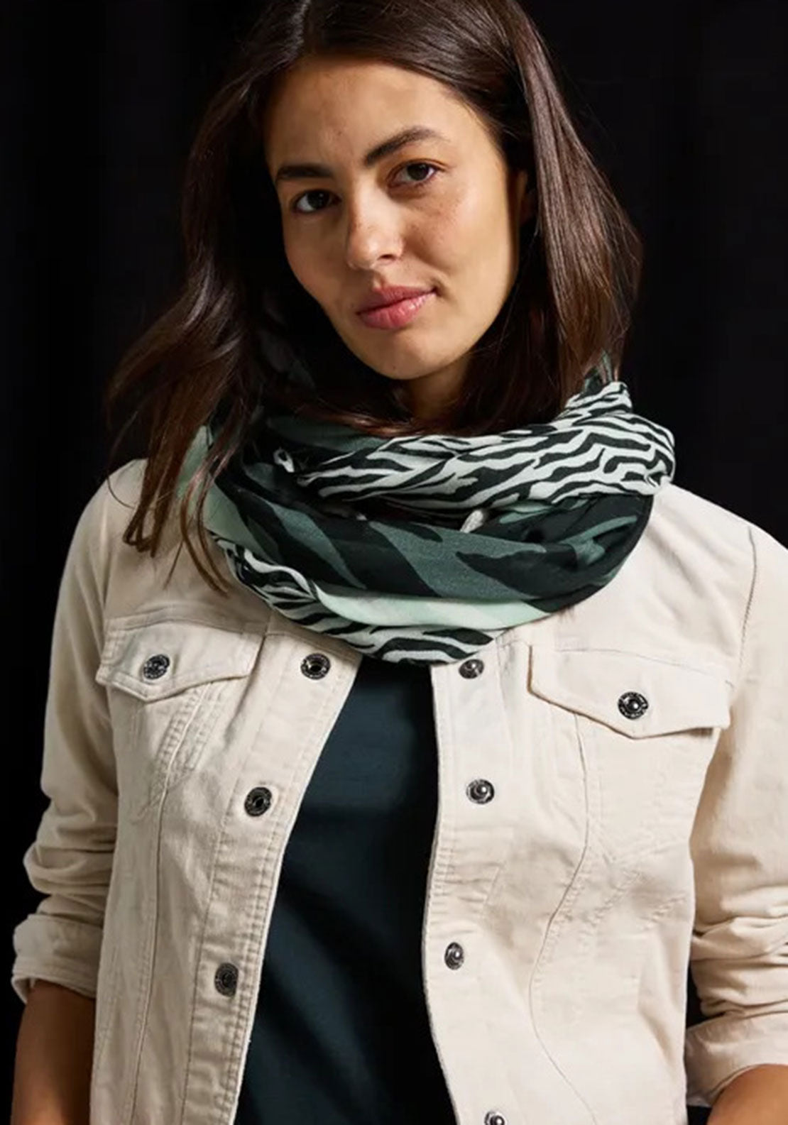 Street One Zebra Patterned Loop Scarf, Green - McElhinneys