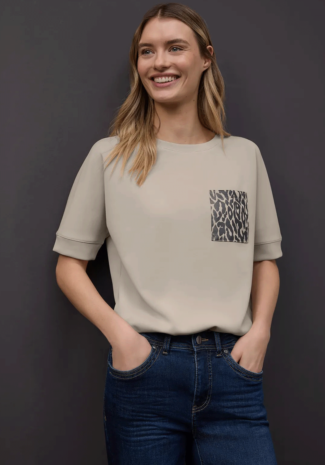 Street One Scuba Leopard Pocket Top, Beige - McElhinneys