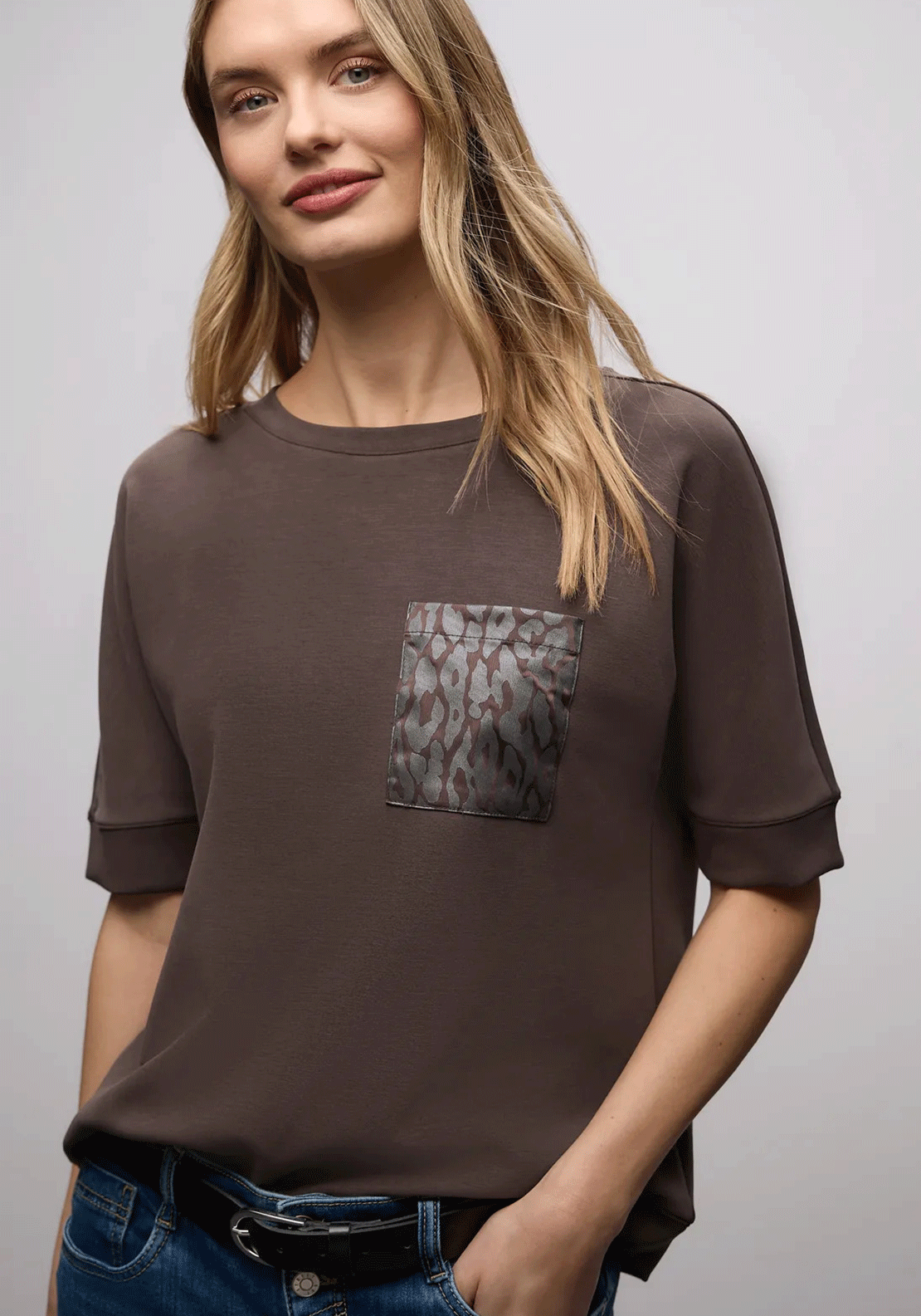 Street One Scuba Leopard Pocket Top, Brown - McElhinneys