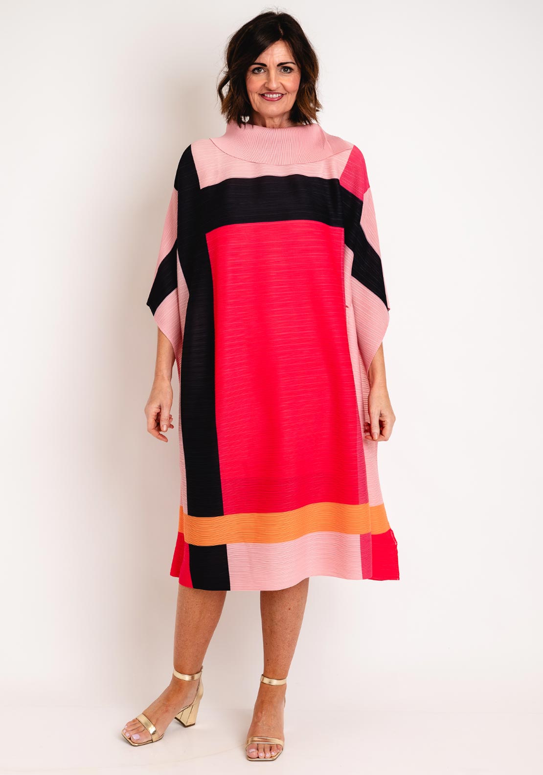 Thanny Pleated Colour Block Midi One Size Dress, Pink - McElhinneys