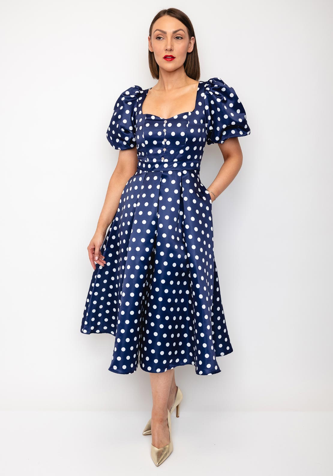 The 8th Sign Puffed Sleeves Polka Dot Midi Dress, Navy - McElhinneys