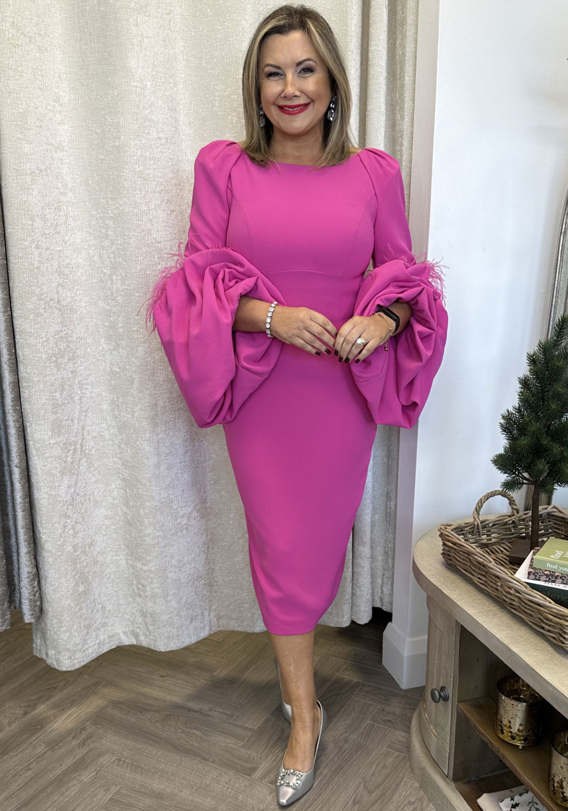 Veni Infantino Puff Feather Cuff Pencil Dress, Fuchsia Pink - McElhinneys