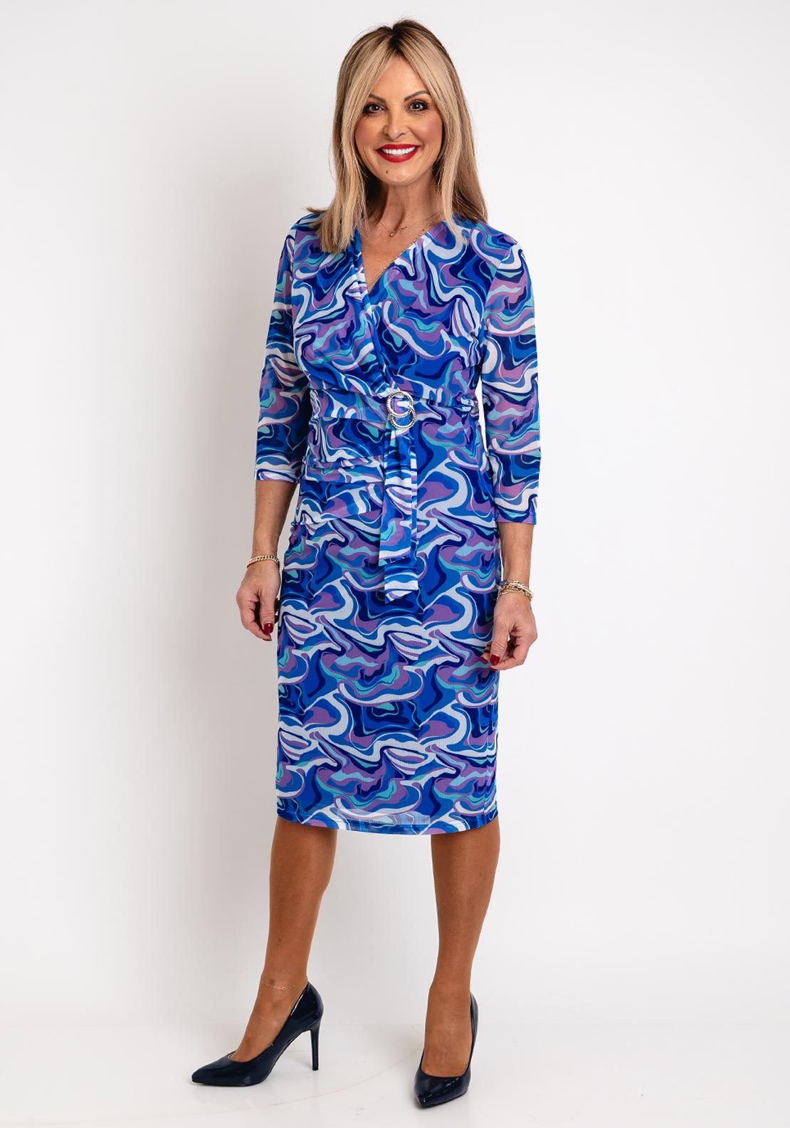 Via Veneto Swirl Print Mesh Midi Dress, Cornflower - McElhinneys