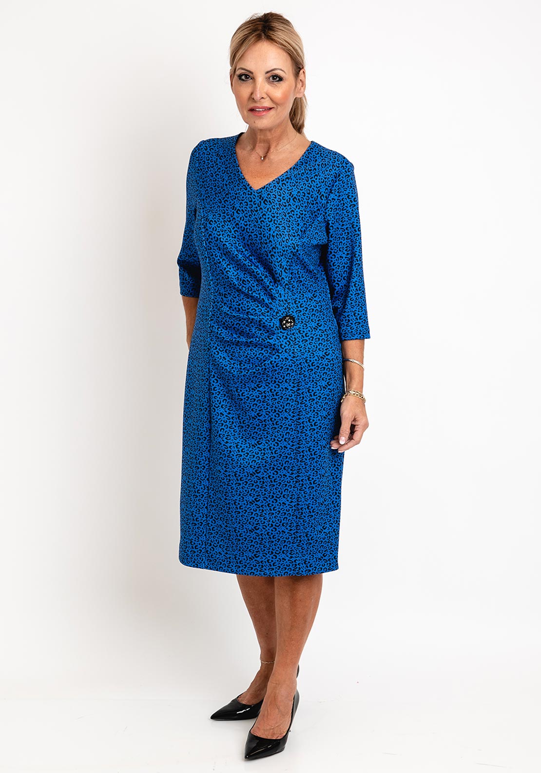 Via Veneto Ditsy Leopard Print Pencil Midi Dress, Royal Blue - McElhinneys
