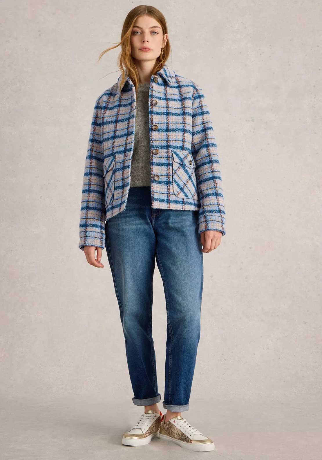 White Stuff Amelia Check Jacket, Blue Multi - McElhinneys