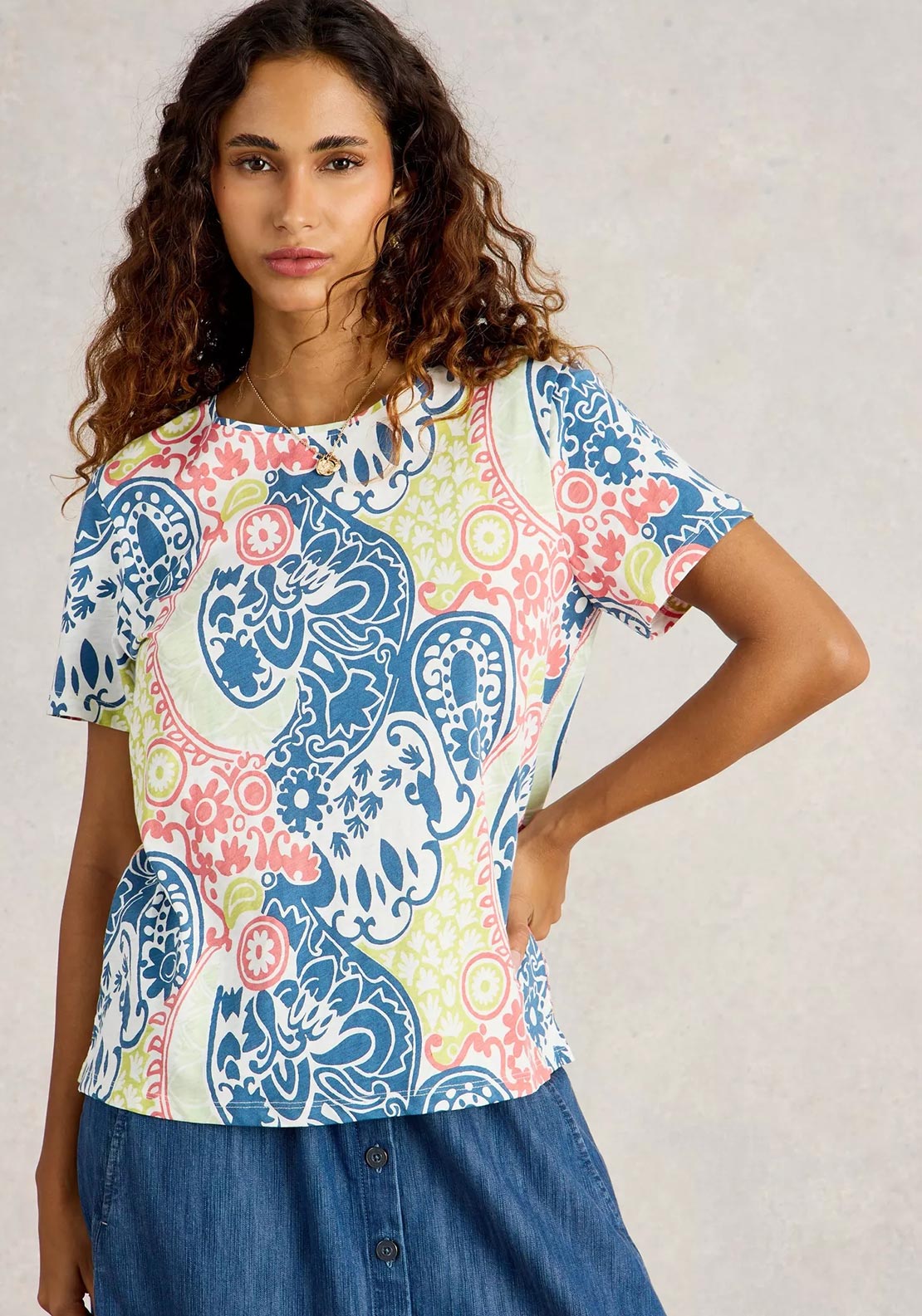 White Stuff Abbie Paisley Print T Shirt, Multi Coloured - McElhinneys