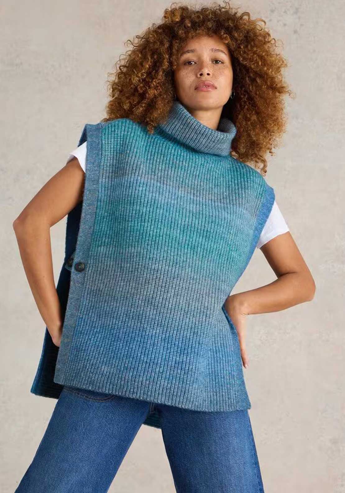 White Stuff Spacedye Knitted Poncho. Blue Multi - McElhinneys