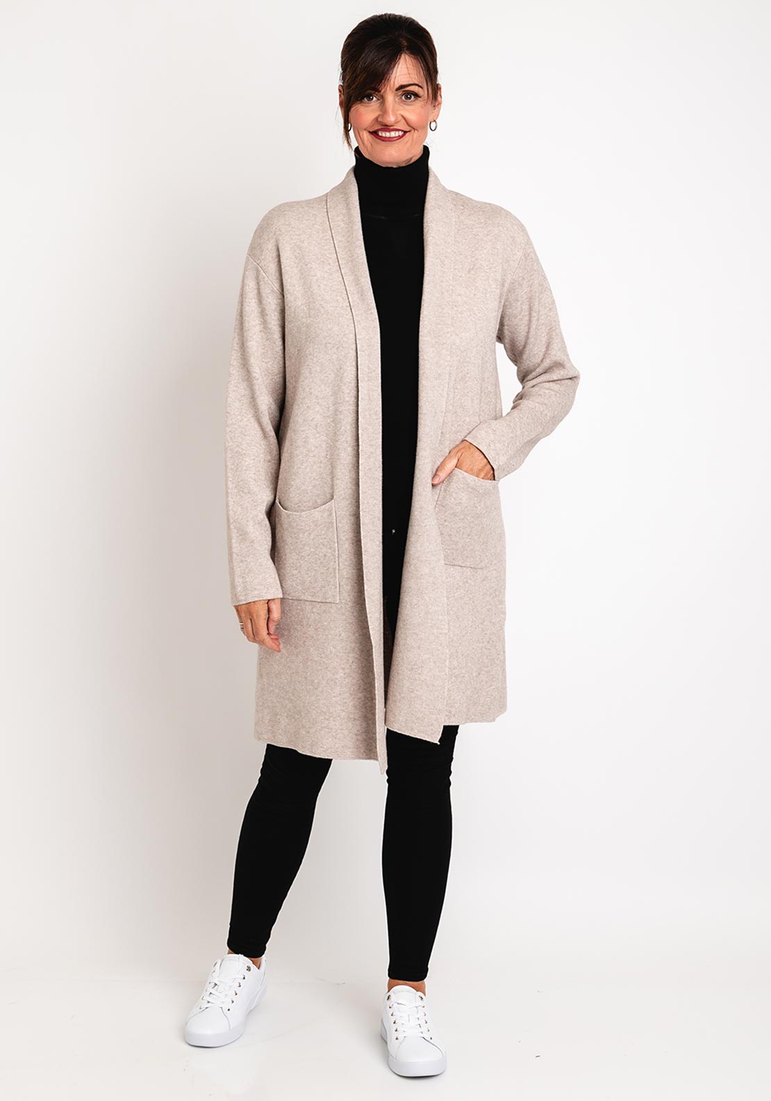 Natalia Collection One Size Fine Knit Long Cardigan, Oatmeal - McElhinneys