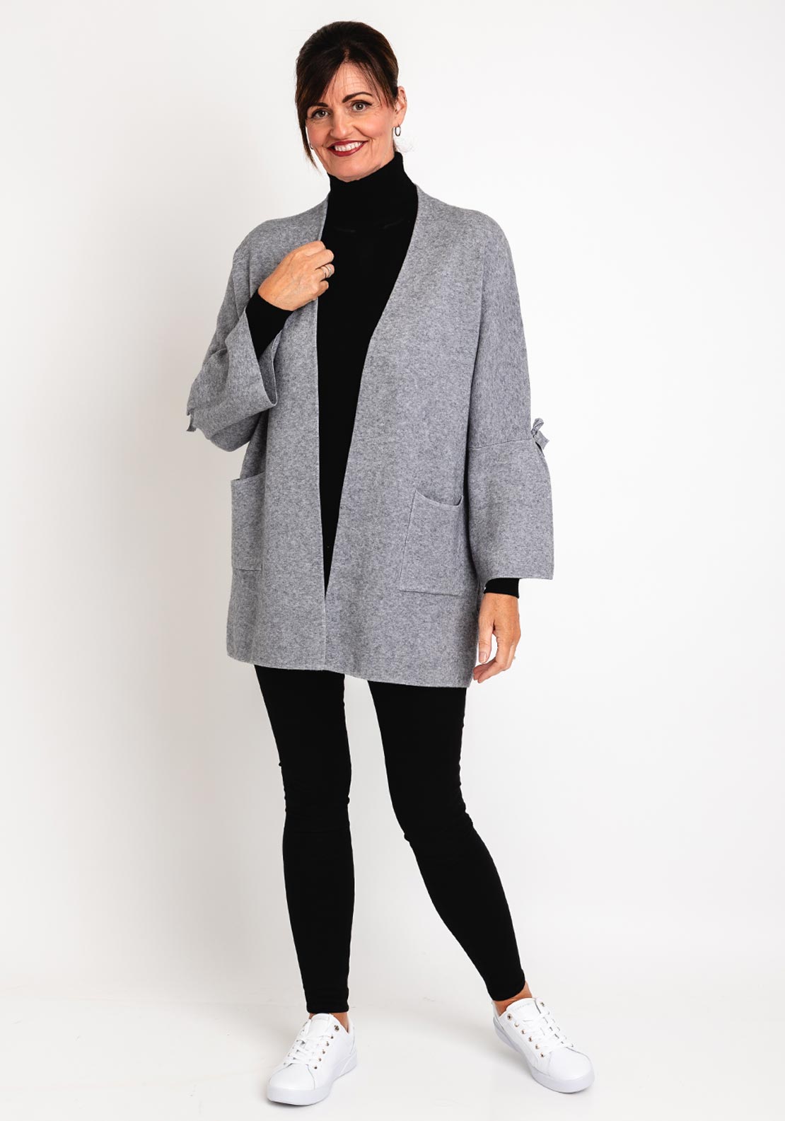 Natalia Collection One Size Relaxed Bow Cardigan, Grey - McElhinneys
