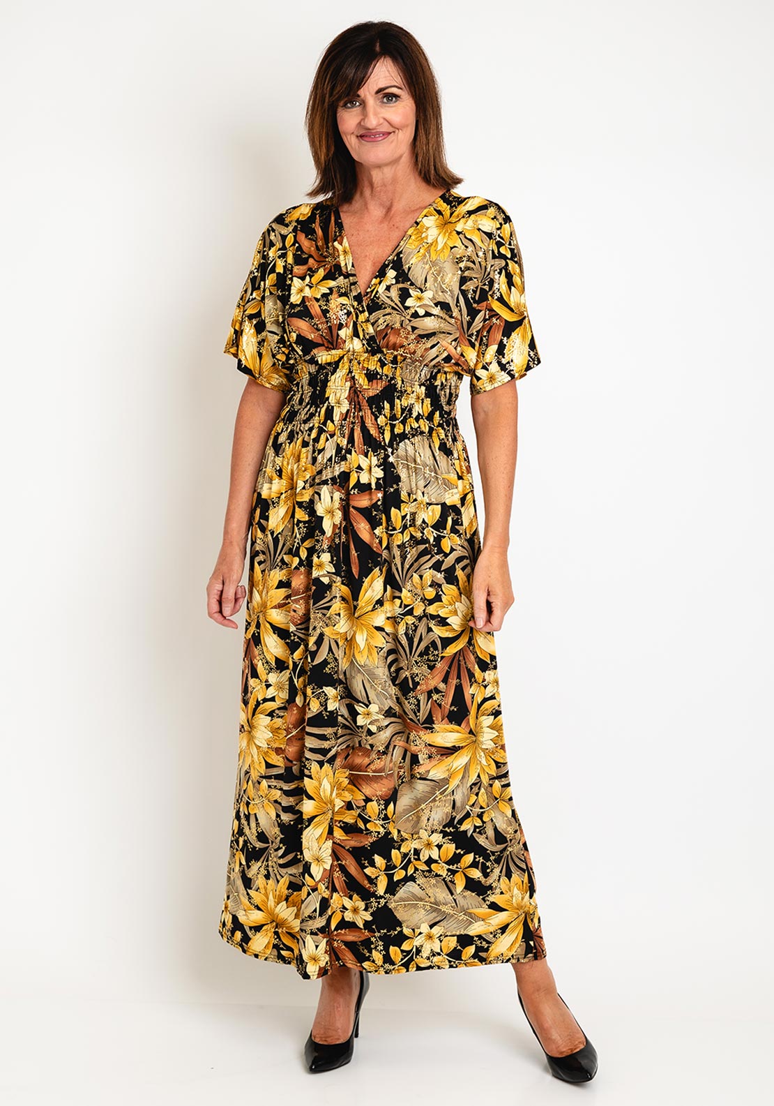 Natalia Collection One Size Floral Print Maxi Dress, Black & Gold ...