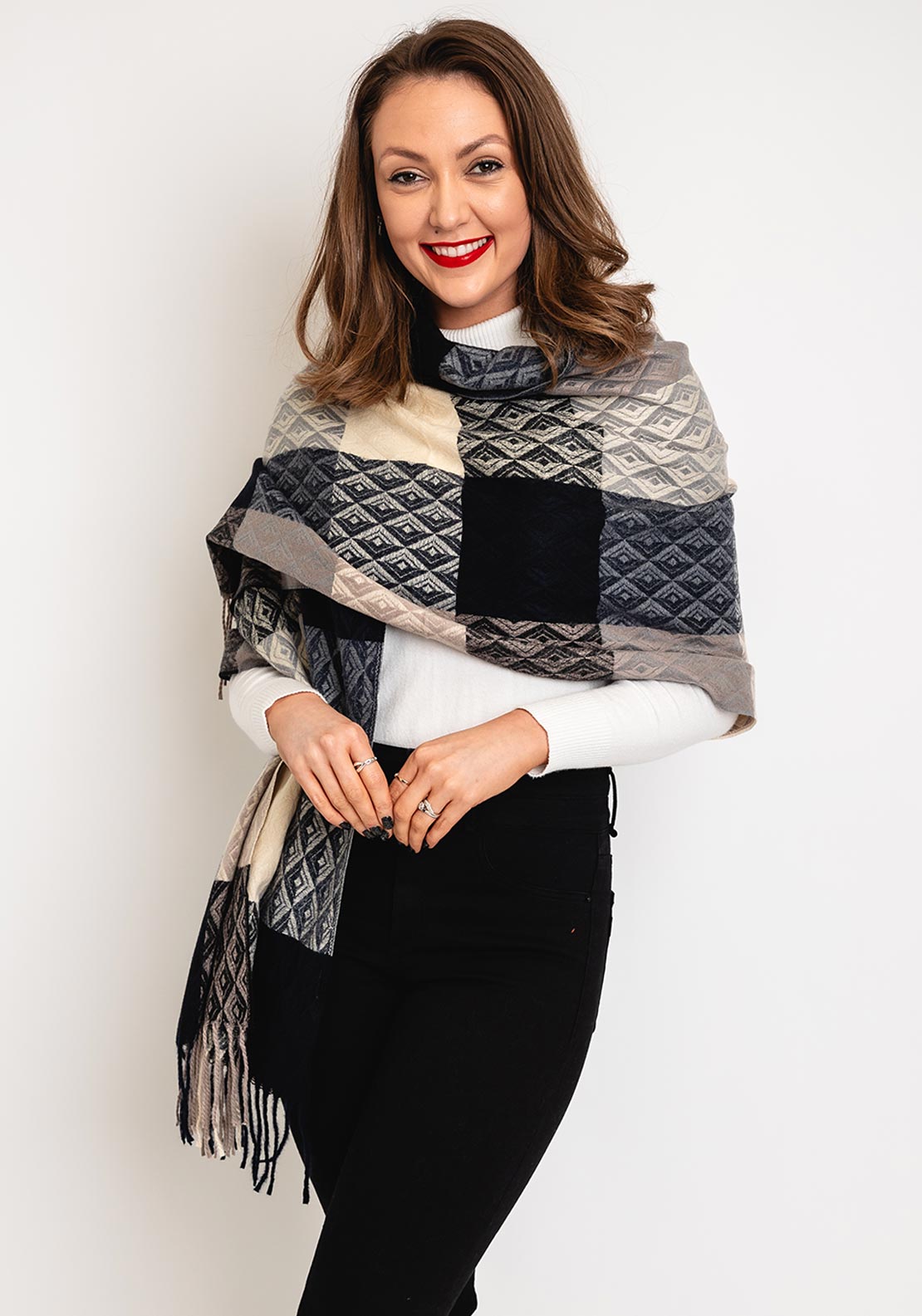 Serafina Collection 3D Diamond Print Scarf, Black - McElhinneys