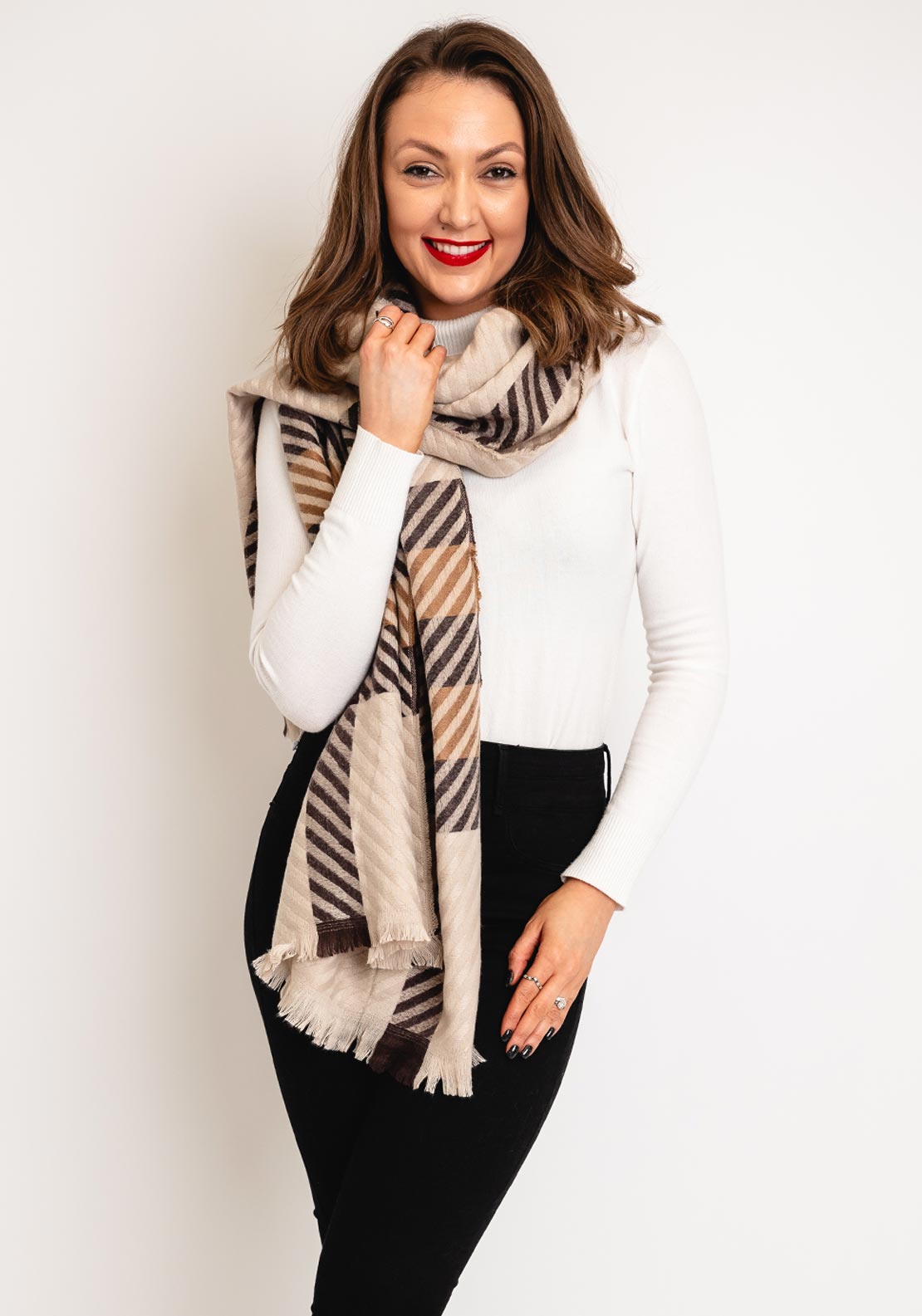Serafina Collection Wool Blend Striped Scarf, Beige - McElhinneys