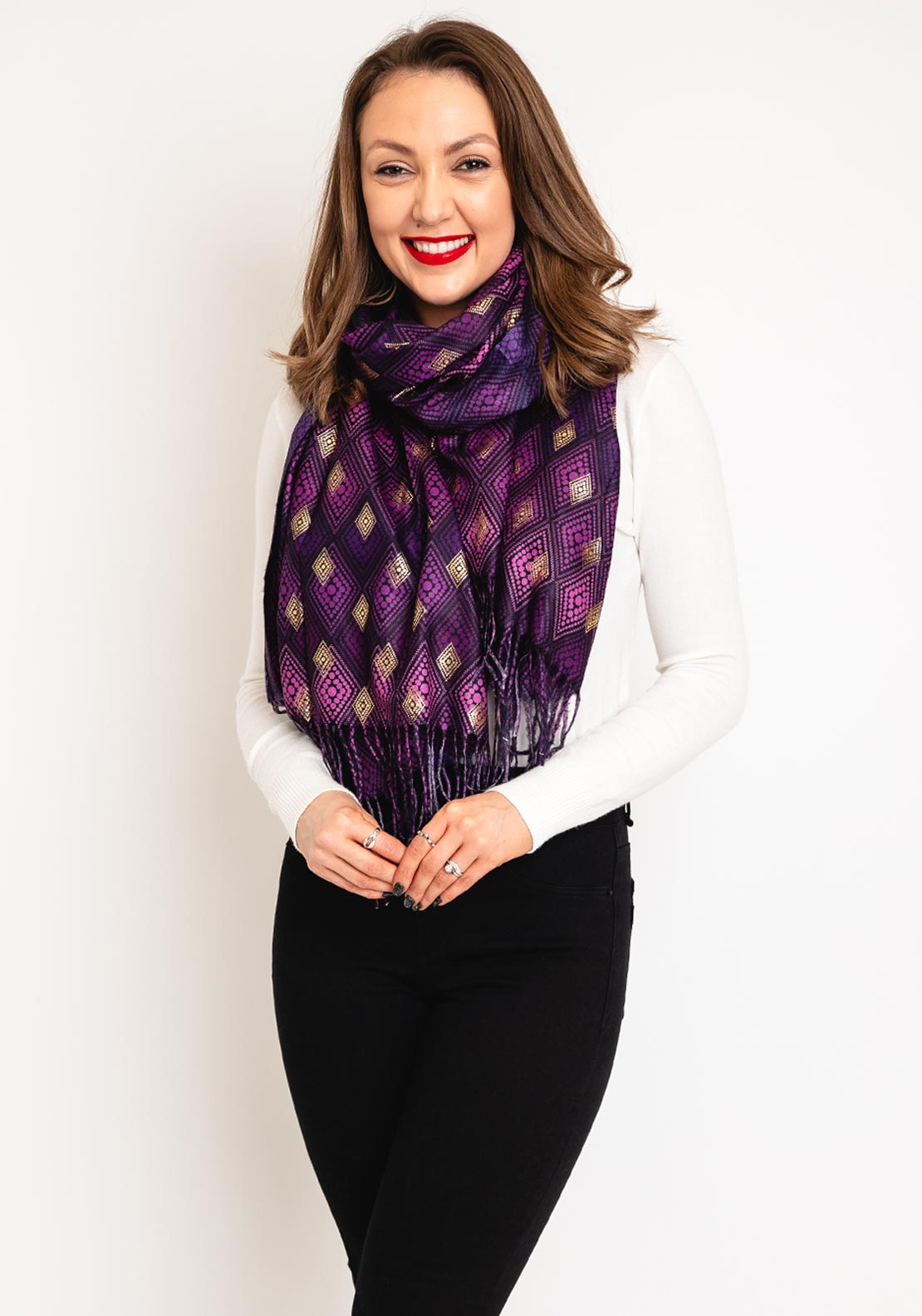 Serafina Collection Metallic Diamond Print Scarf, Violet - McElhinneys
