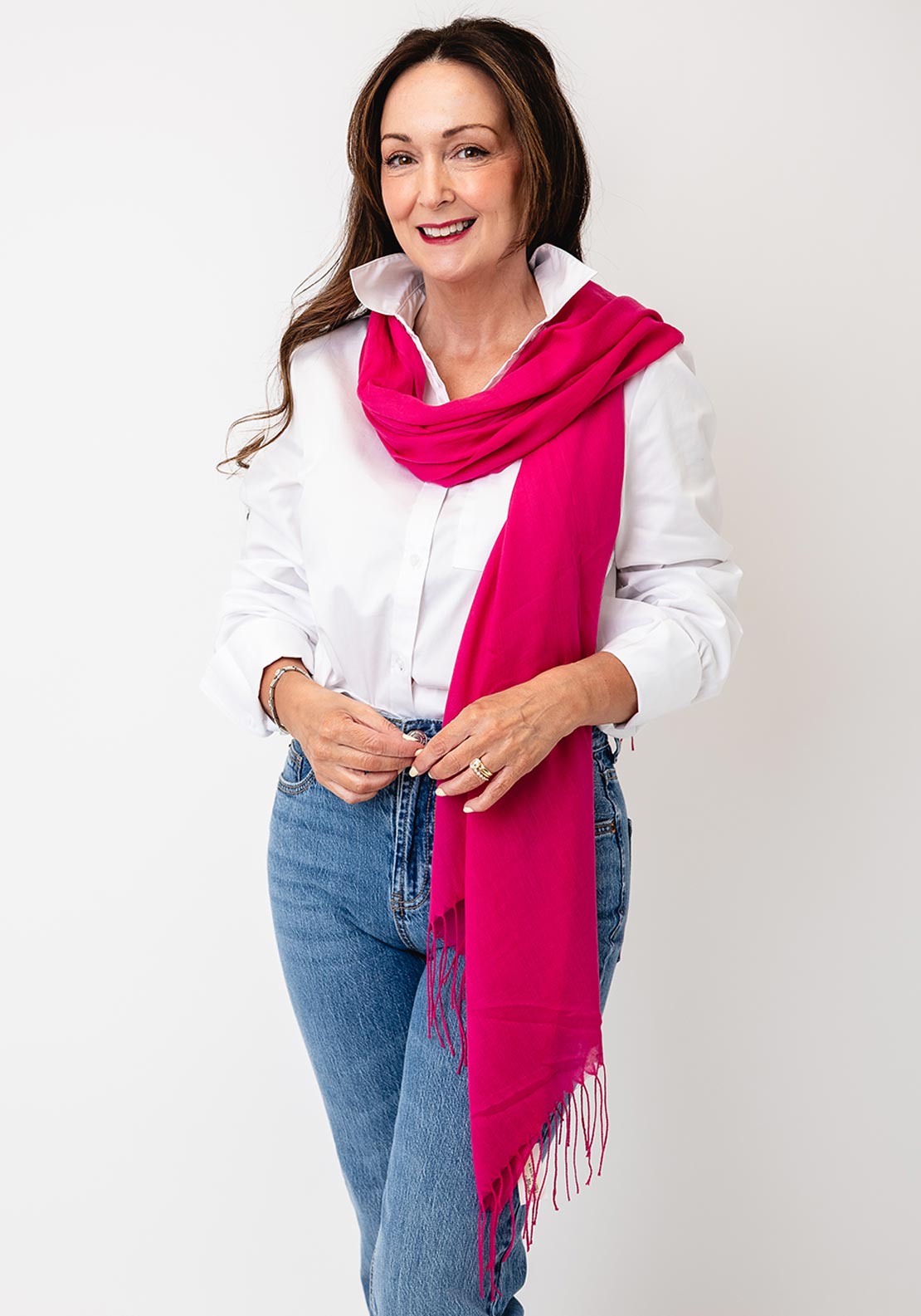 Serafina Lightweight Fringed Trim Pashmina Scarf, Fuchsia Pink ...