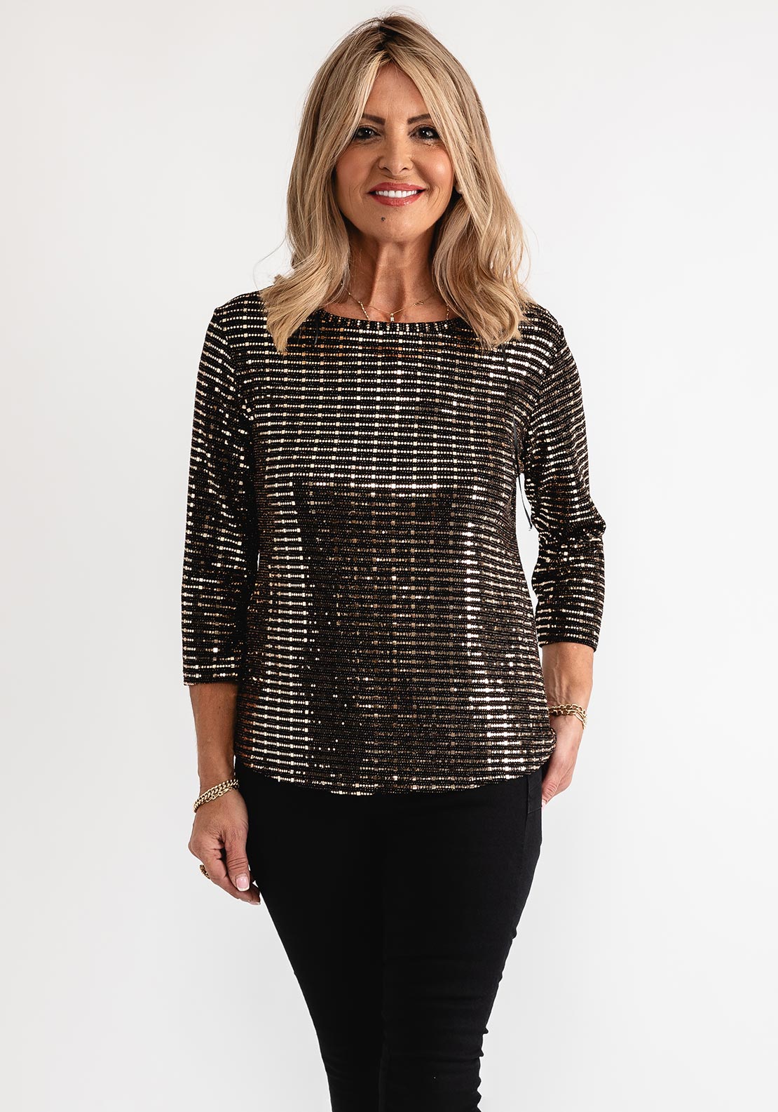 Anamor Glitter Cropped Sleeve Top, Gold - McElhinneys