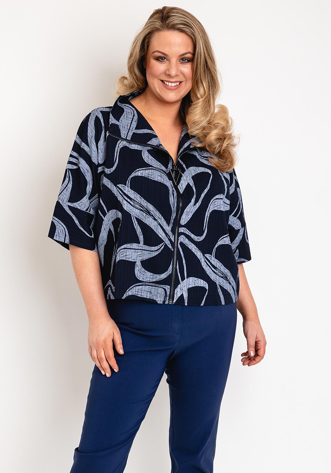 Natalia Collection One Size Short Print Jacket, Navy - McElhinneys