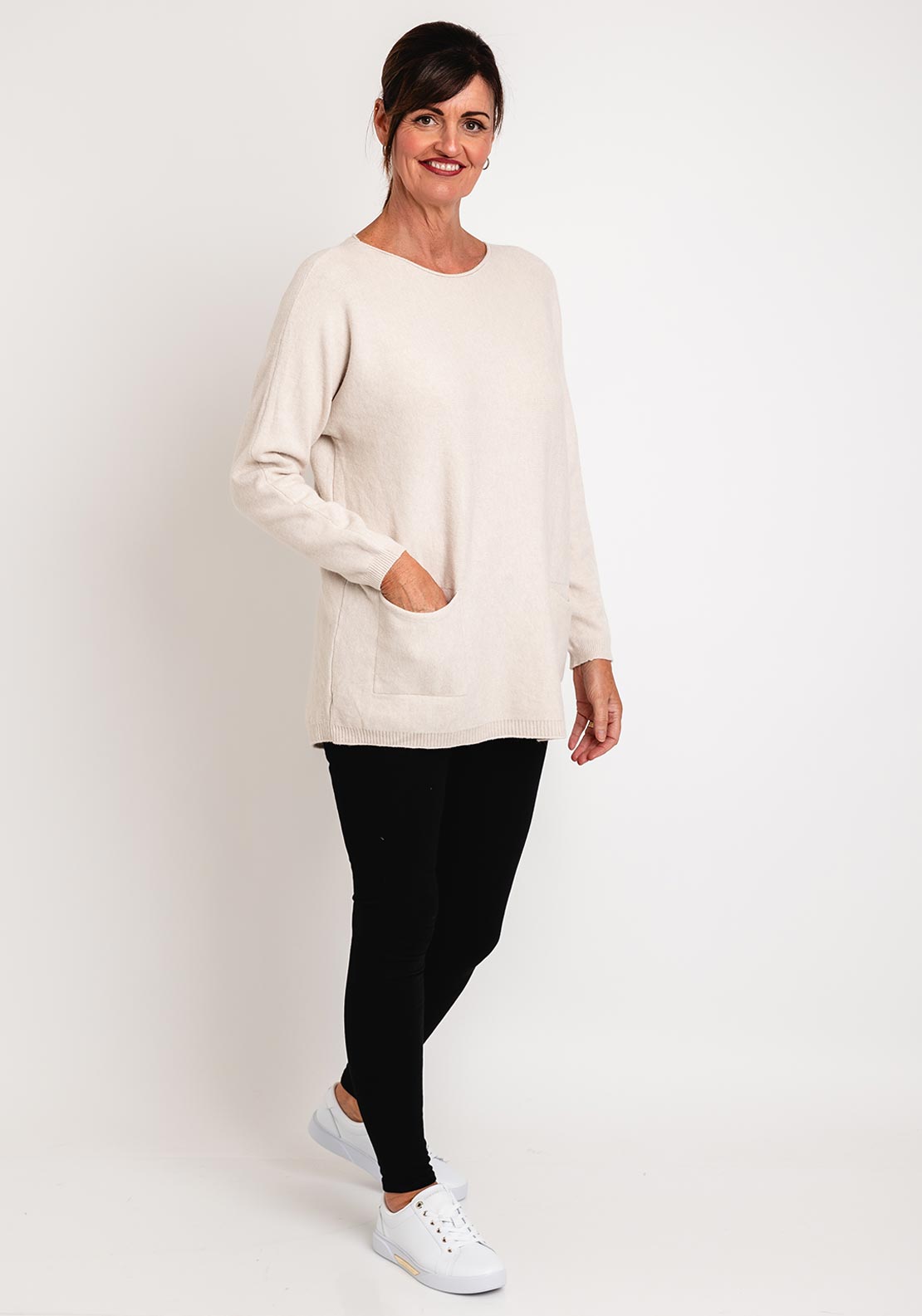 Natalia Collection One Size Fine Knit Relaxed Sweater, Beige - McElhinneys
