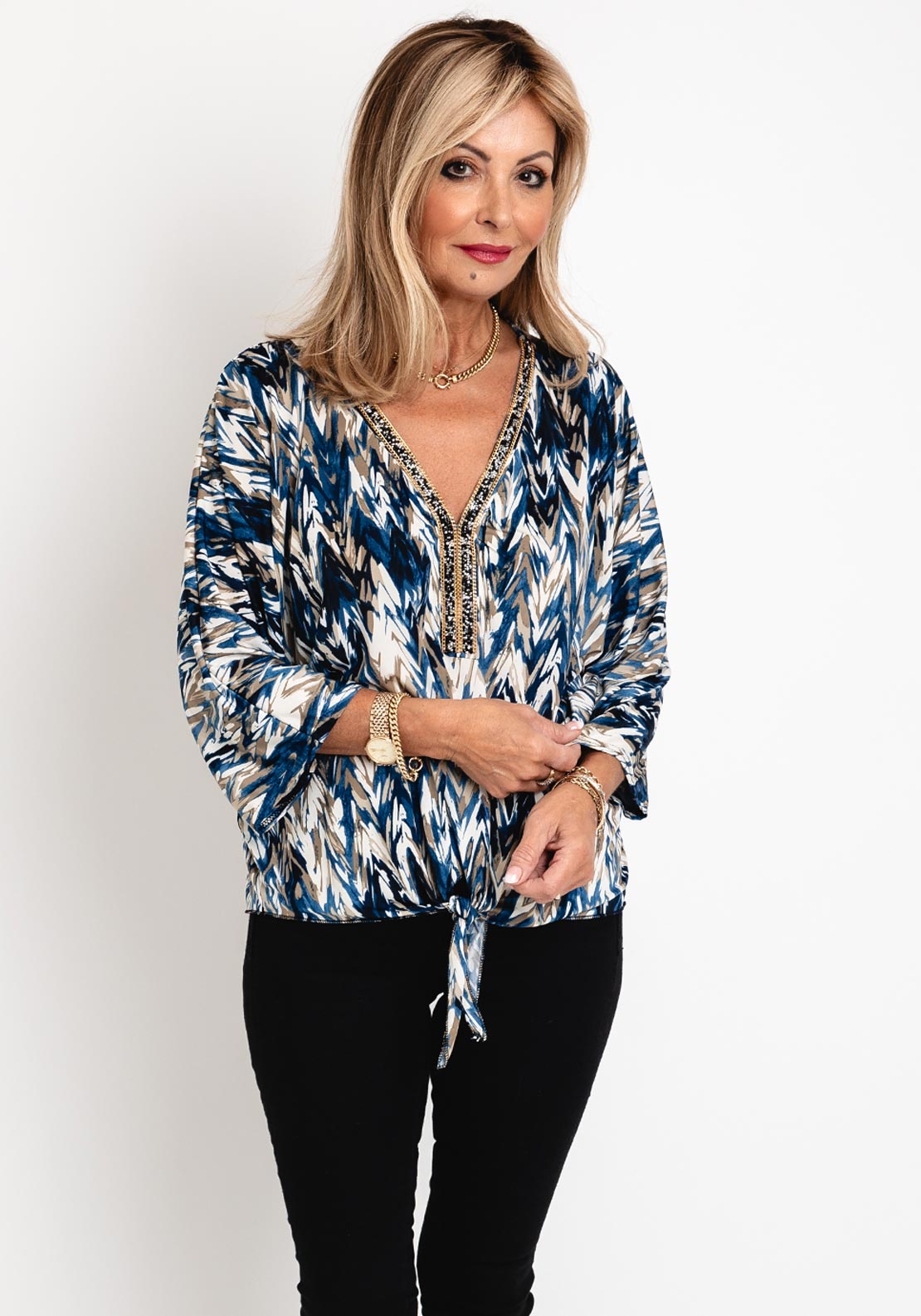 Natalia Collection One Size Embellished V-Neckline Print Top, Navy ...