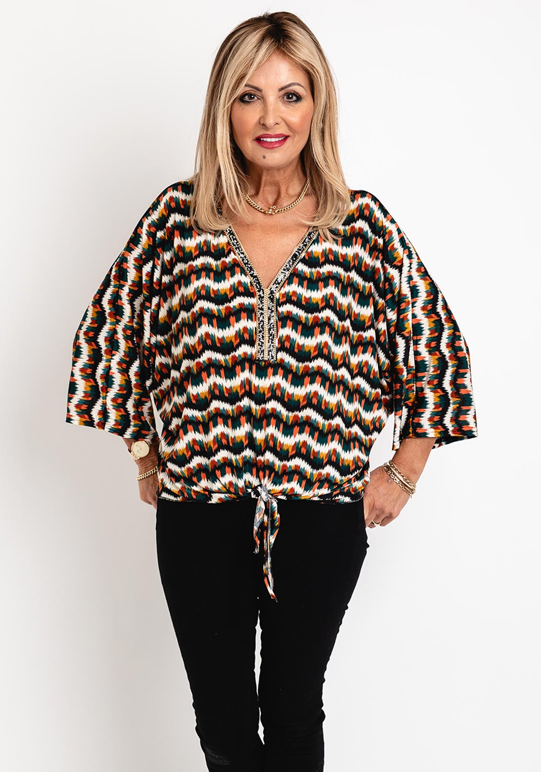 Natalia Collection One Size Embellished V-Neckline Print Top, Green ...