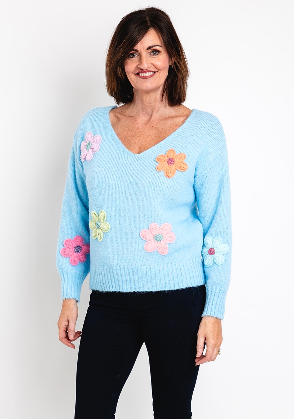 Serafina Collection One Size Knitted Flower Applique Sweater, Blue ...