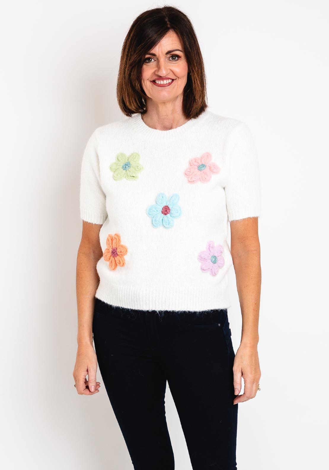 Serafina Collection One Size Knitted Flower Applique Sweater, White ...