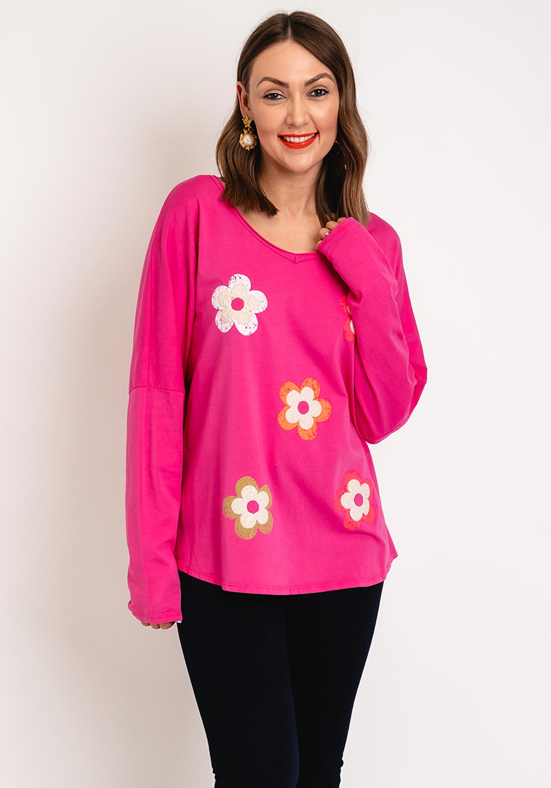 Serafina Collection One Size Flower Applique Top, Pink - McElhinneys