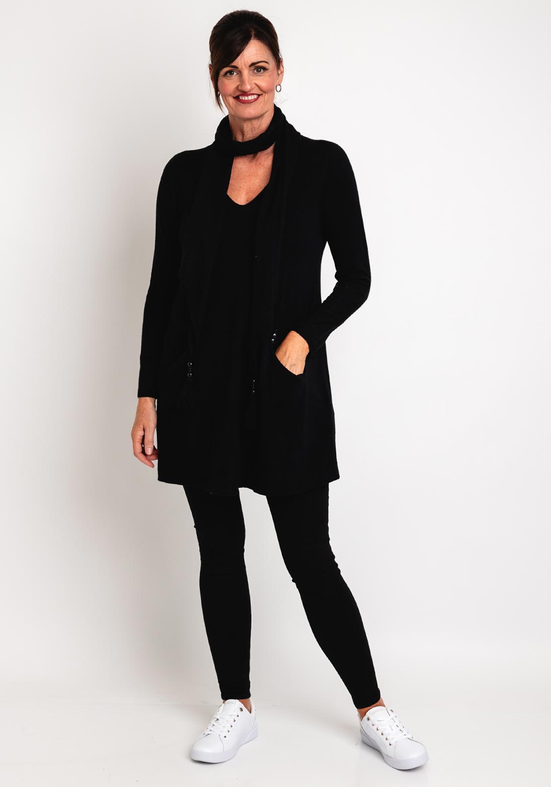 Natalia Collection One Size Long Sweater and Scarf, Black - McElhinneys
