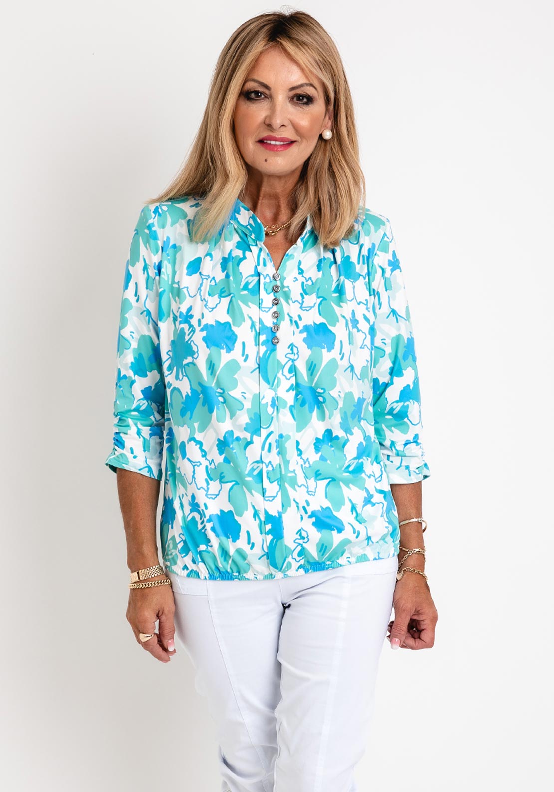 Leon Collection Flower Print Elasticated Hem Top, Mint Multi - McElhinneys