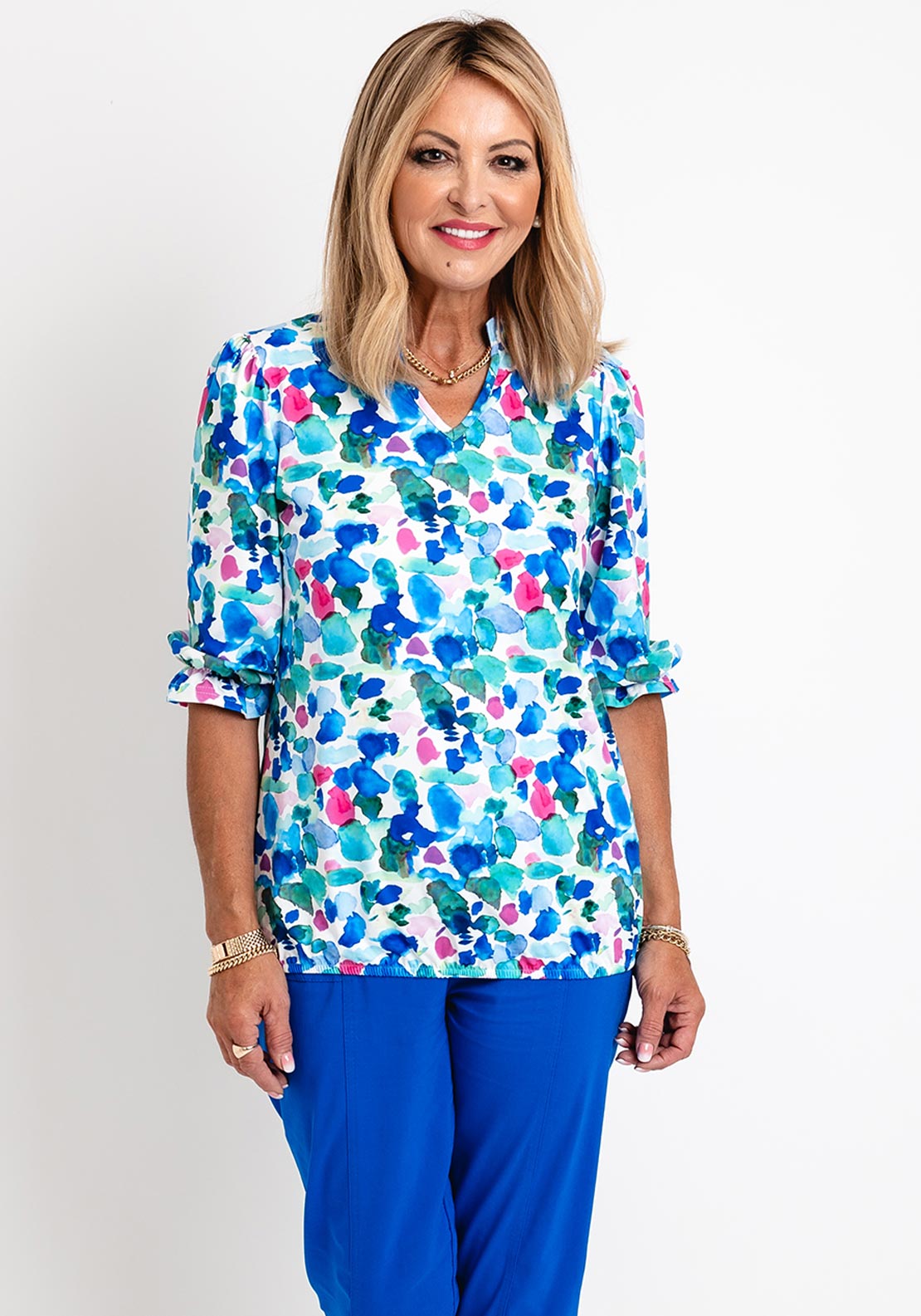 Leon Collection Ruffle Collar Printed Top, Multi - McElhinneys