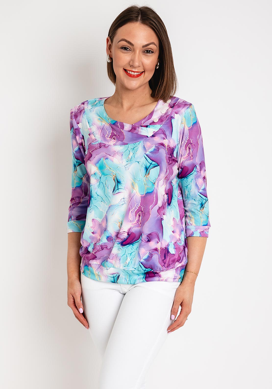 Leon Collection Drape Neck Print Top, Lavender Multi - McElhinneys