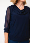 Yew Glitter Cowl Neck Sheer Sleeve Top, Navy - McElhinneys
