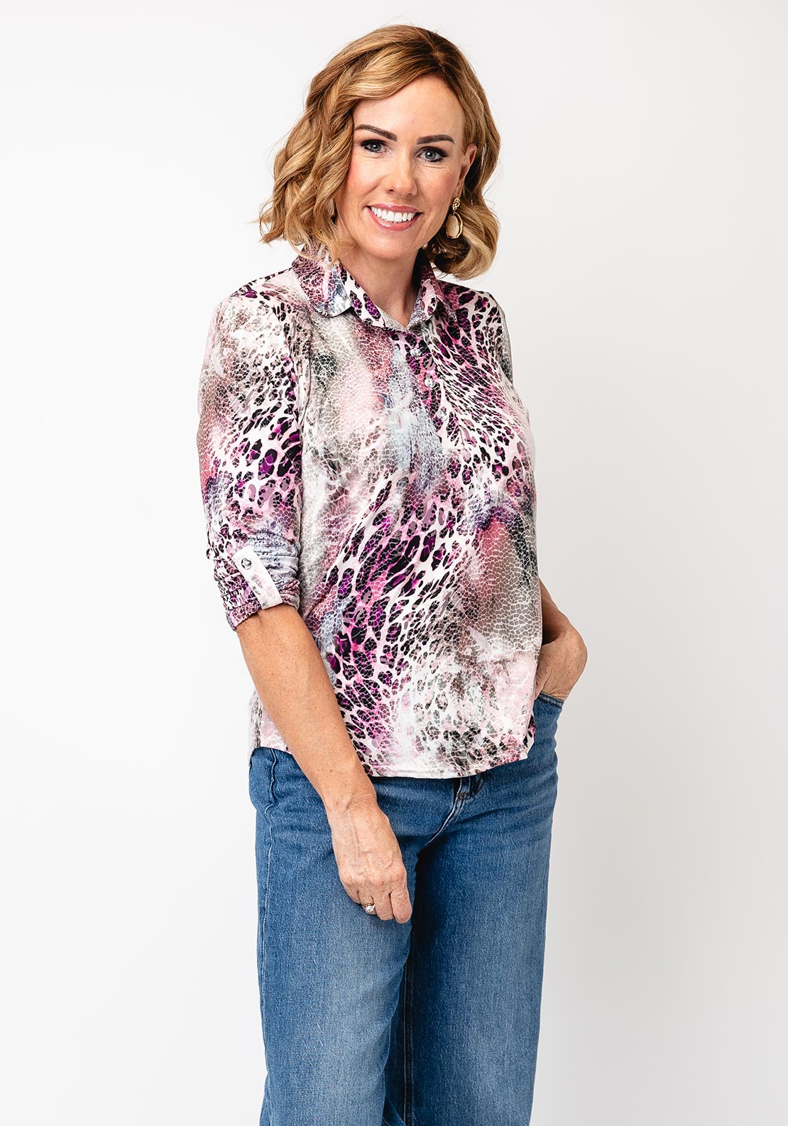 YEW Animal Print Collared Top, Pink - McElhinneys