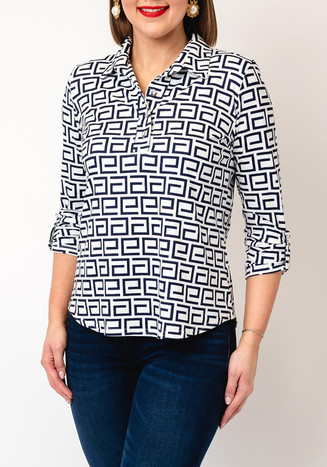 Yew Lattice Print Half Button Top, Navy & White - McElhinneys